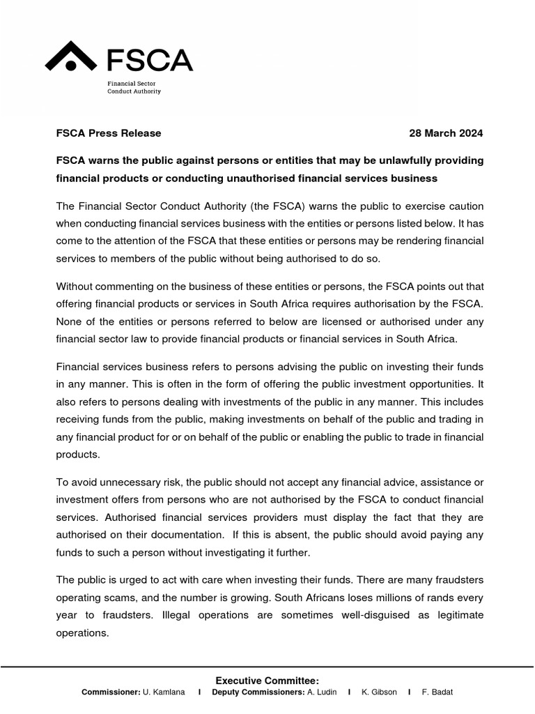 FSCA Warns Against Unauthorised Financial Services | PDF