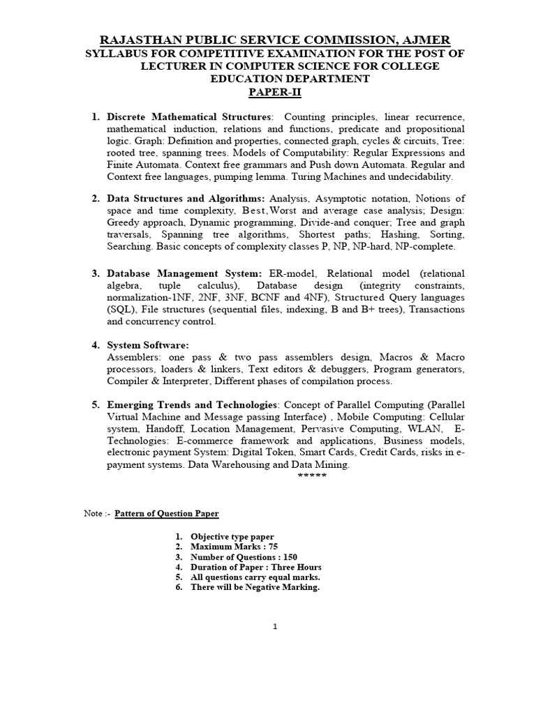 Rpsc Computer Science Syllabus Pdf Computational Complexity Theory Relational Model 