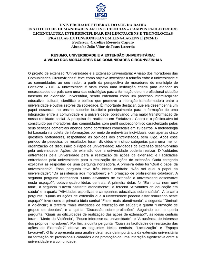 RESUMO UNIVERSIDADE E A EXTENSÃO UNIVERSITÁRIA - Caroline Caputo | PDF | Interdisciplinaridade ...