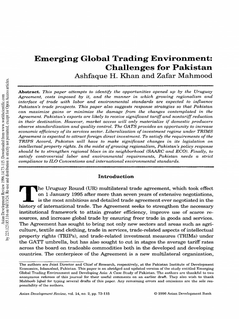 Khan Mahmood 2023 Emerging Global Trading Environment Challenges For Pakistan | PDF | Tariff ...