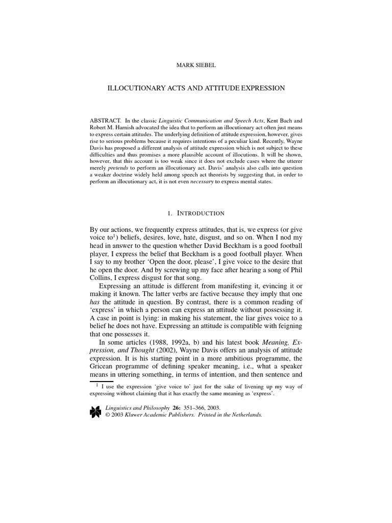 Siebel Illocutionary Acts and Attitude Expression | PDF | Intention ...