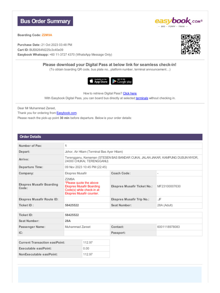 Bus Order Summary: Please Download Your Digital Pass at Below Link For ...