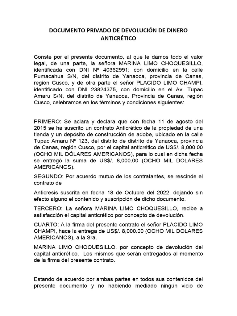 Documento Privado de Devolución de Dinero Anticrético | PDF