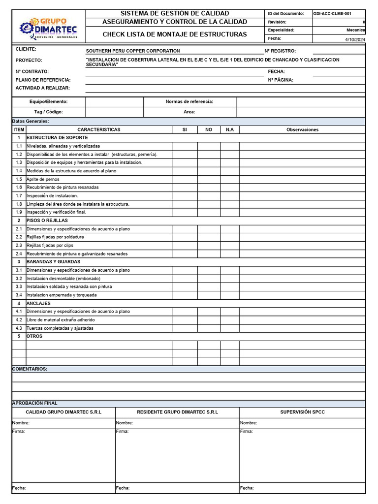 Fo-Cc-017 Check List de Montaje de Estructuras | Descargar gratis PDF ...