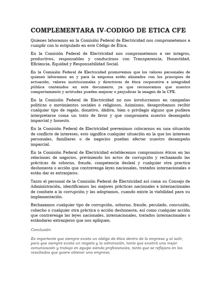 Código de Ética y Valores CFE | PDF