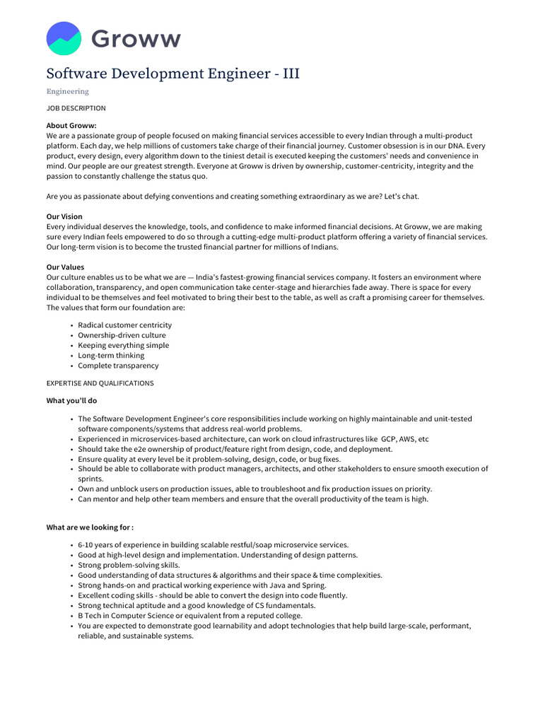 Software Development Engineer III Role | PDF | Computing | Information ...