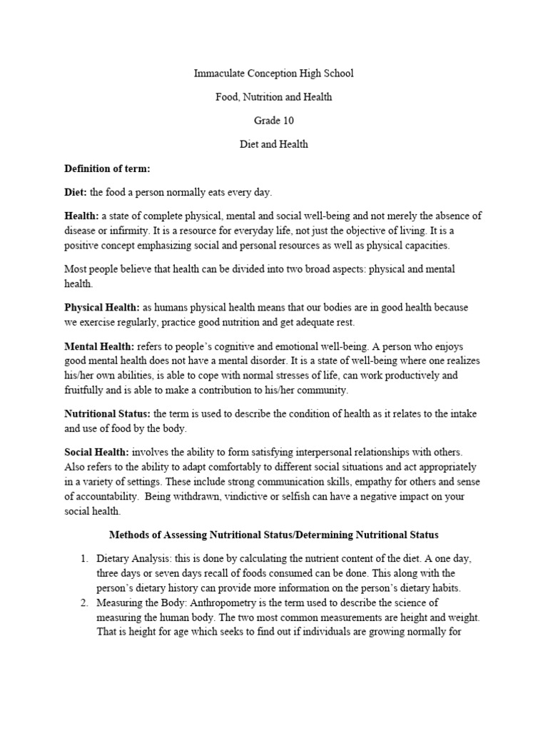 Diet and Health Handout | PDF | Cost Of Living | Diet (Nutrition)