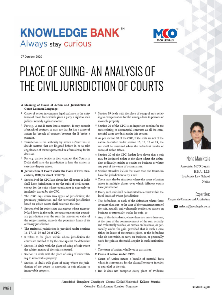 Place of Suing An Analysis of The Civil Jurisdiction of Courts | PDF | Lawsuit | Jurisdiction