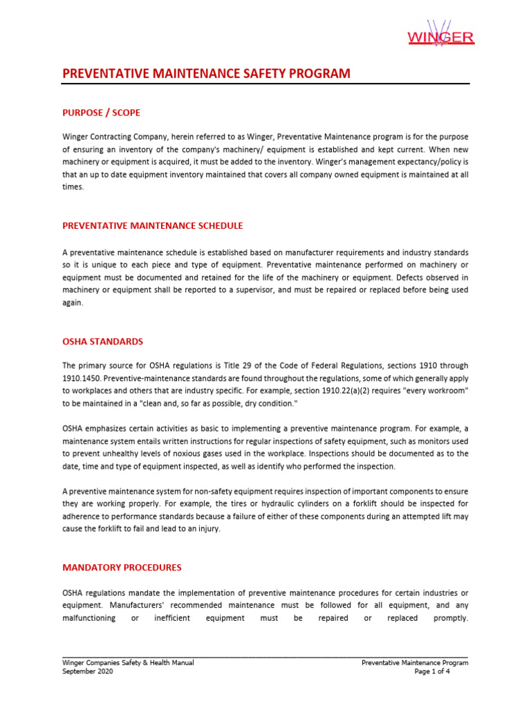 Safety Manual Preventative Maintenance Safety Program | PDF ...
