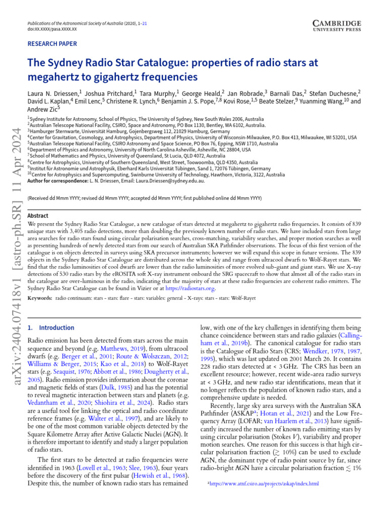 The Sydney Radio Star Catalogue: Properties of Radio Stars at Megahertz ...