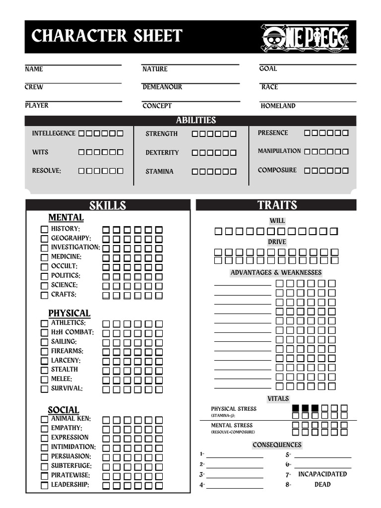 One Piece TTRPG Fillable Character Sheet | PDF