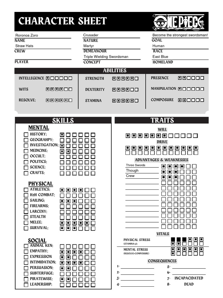 Zoro Character Sheet for TTRPG | PDF | Psychology