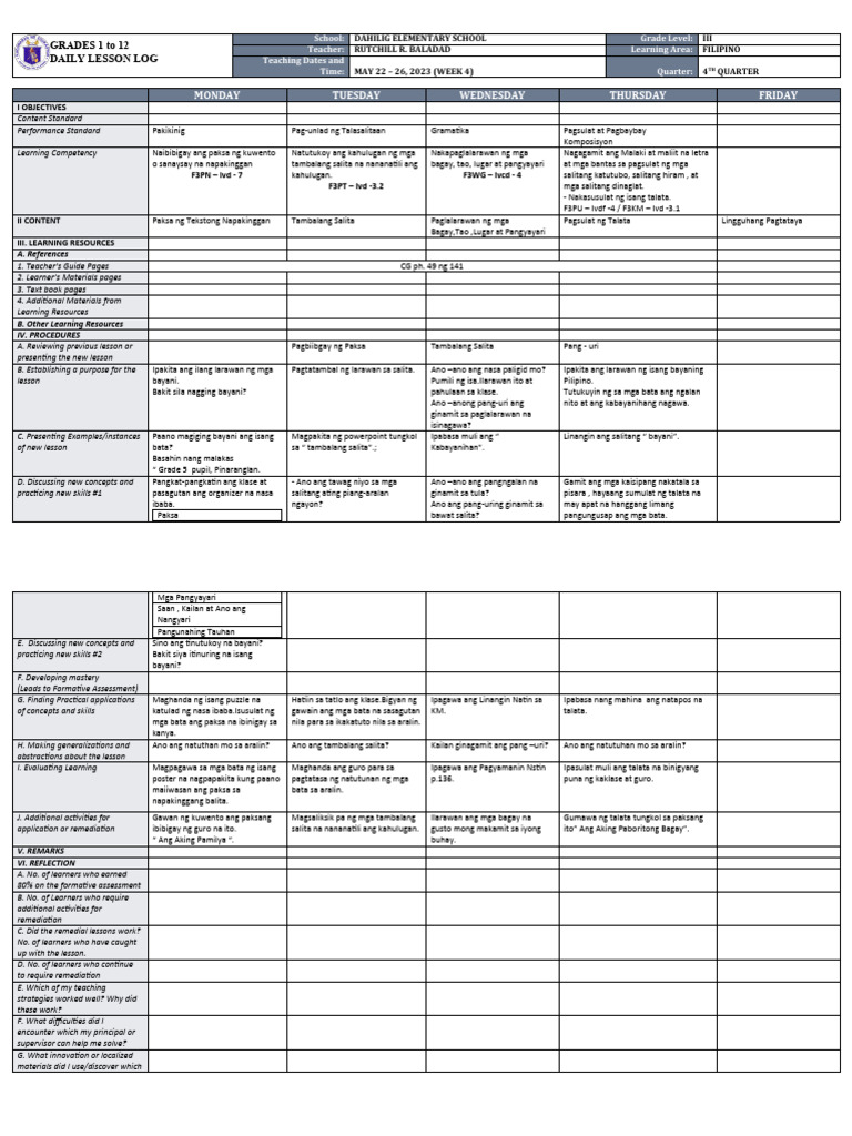 DLL - Filipino 3 - Q4 - W4 | PDF