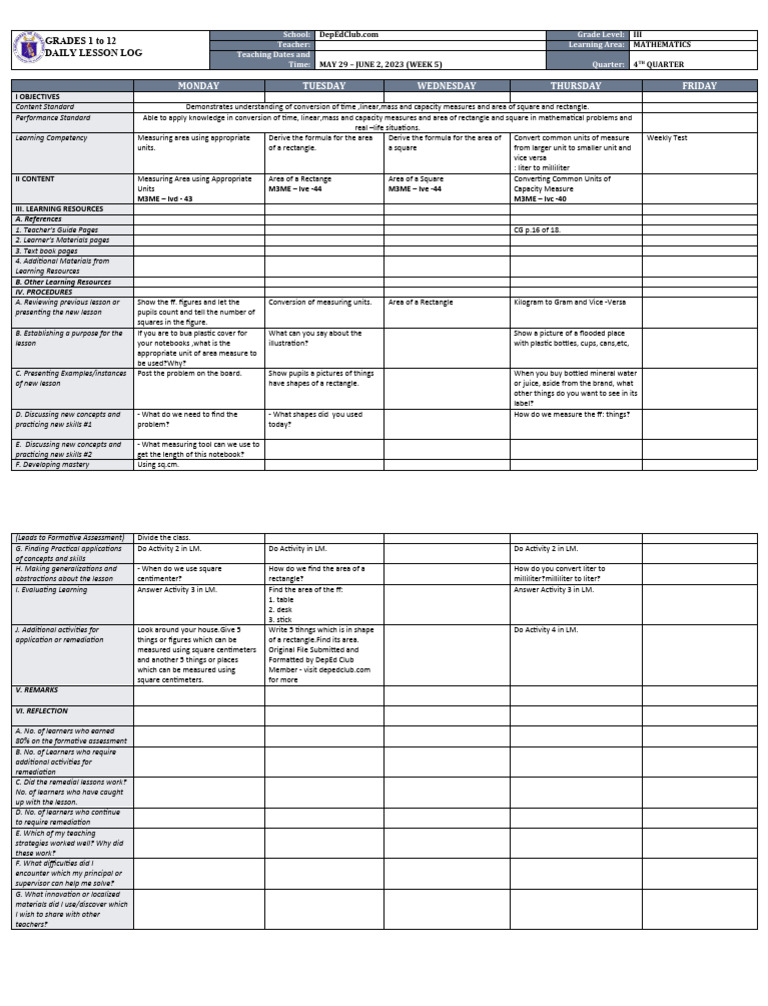 DLL - Mathematics 3 - Q4 - W5 | PDF | Area | Learning