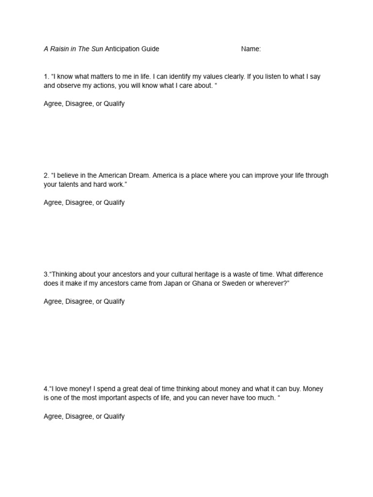 A Raisin in The Sun Anticipation Guide - Google Docs | PDF