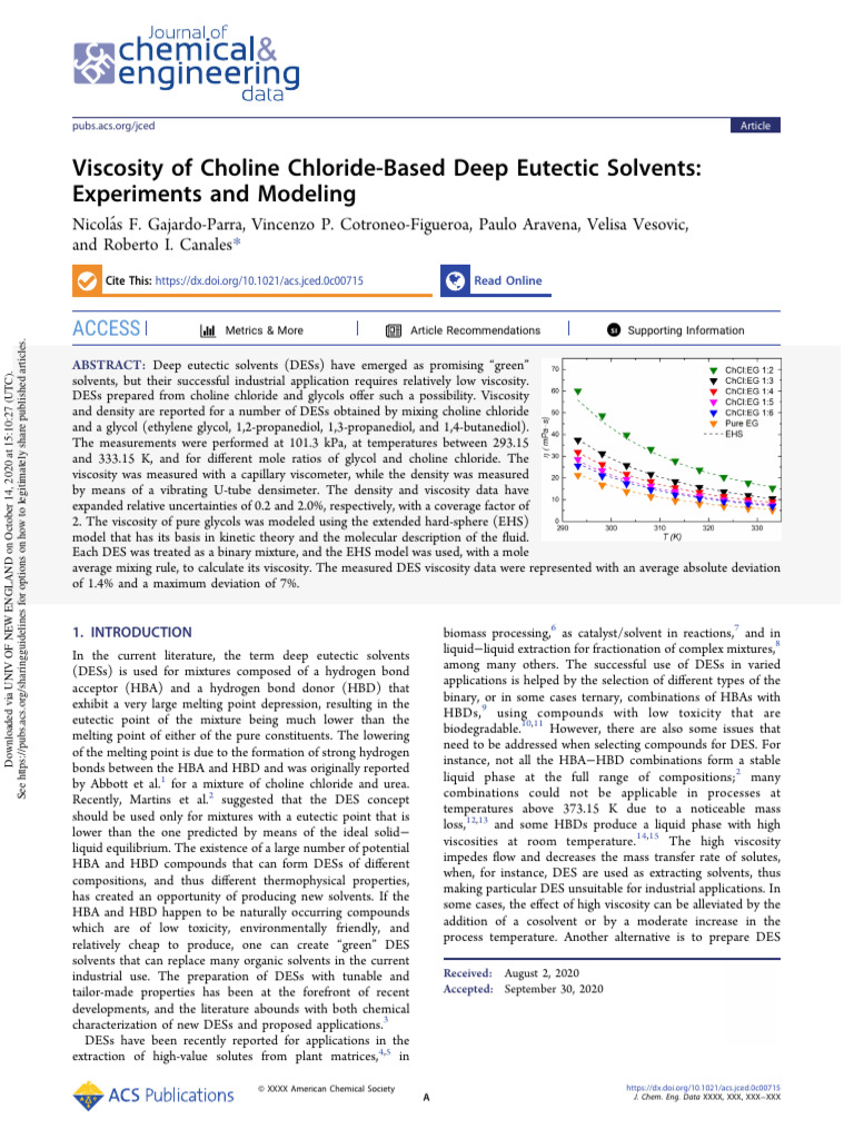 Viscosity of Choline Chloride-Based Deep Eutectic Solvents | PDF | Viscosity | Liquids