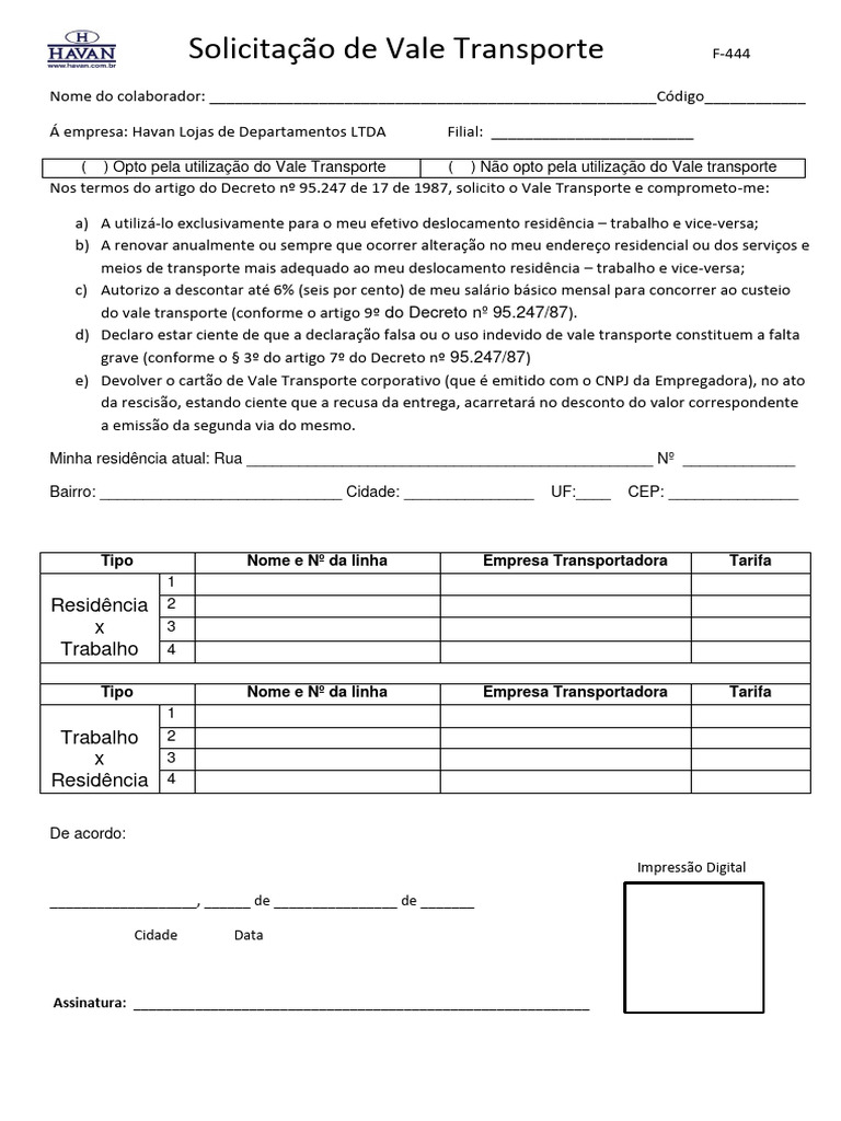 Solicitao - de - Vale - Transporte Havan | PDF