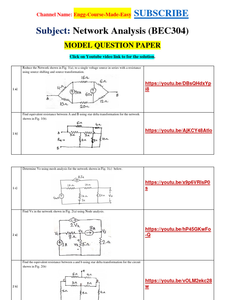 Vtu Network Analysiscircuit Analysis Bec304 Solution Model Qp Pdf Electrical Network 