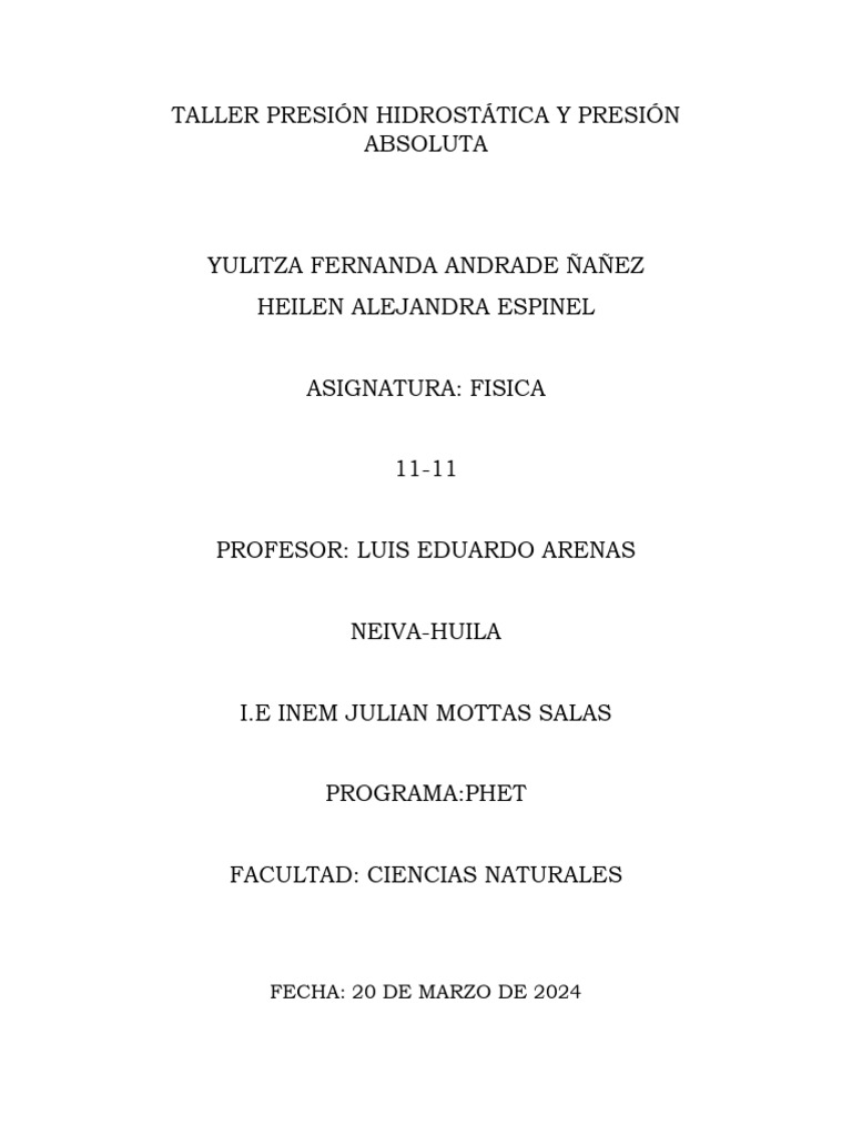 Taller Presión Hidrostática Y Presión Absoluta Pdf Presión Gases
