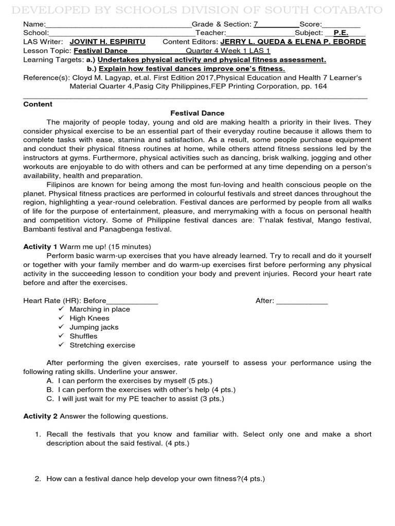 Pe 7 Q4 Week 1 Las 1 | PDF | Physical Education | Physical Exercise
