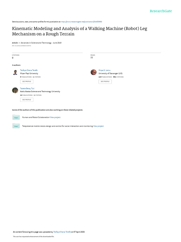 Kinematic Modeling and Analysis of A Walking Machine (Robot) Leg ...