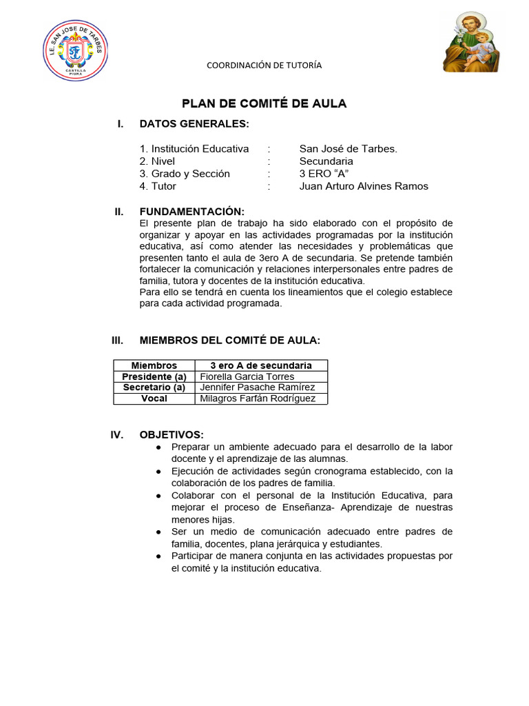 Plan de Comité de Aula 2024 - 1 | Descargar gratis PDF | Salón de ...
