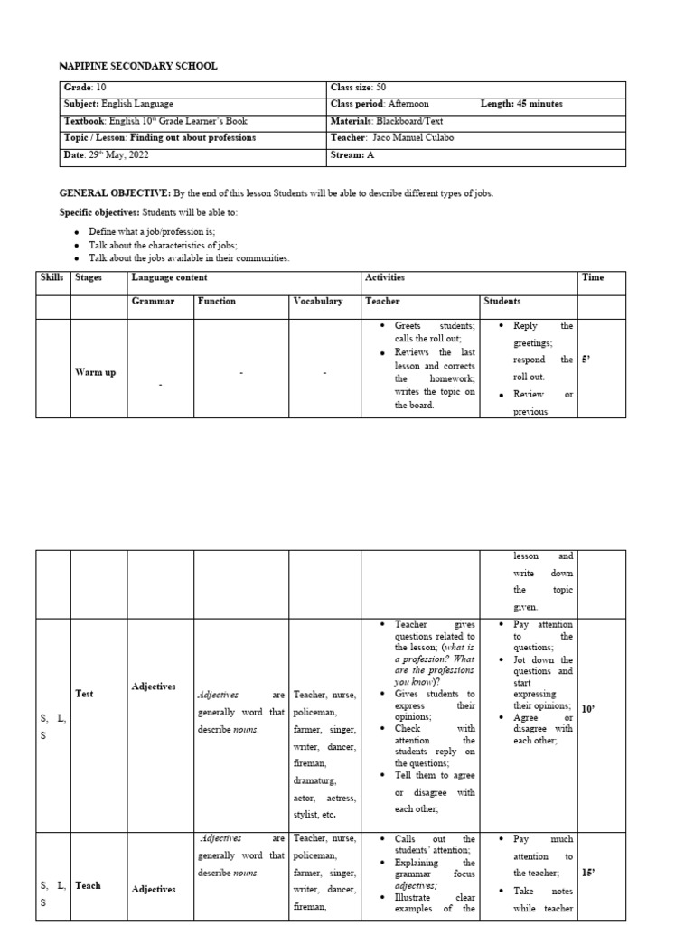 Jaco Lesson Plan | PDF | Adjective | Teachers