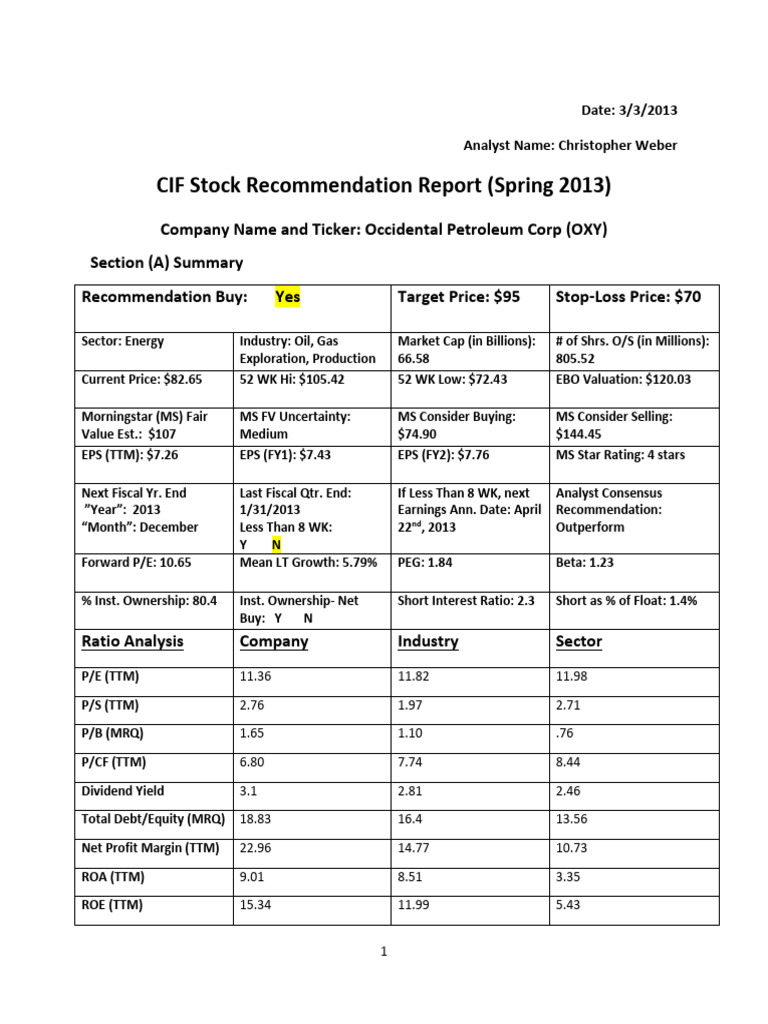StockReport OXY Spring2013 | PDF | Stocks | Market Trend