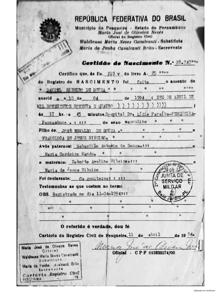 Registro de nascimento Daniel | PDF