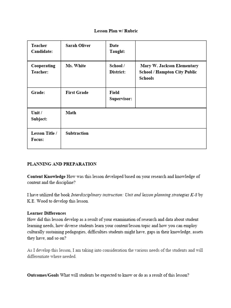 Oliver Sarah - Math Lesson Plan | PDF | Educational Assessment | Learning