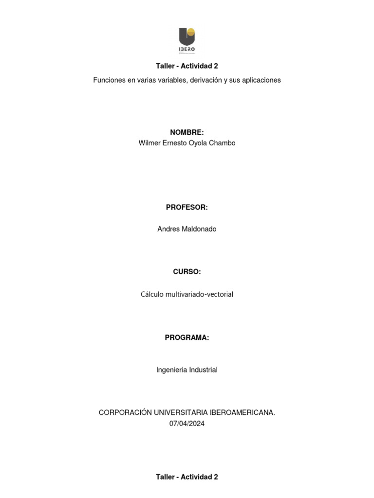 Actividad 2 - Funciones en Varias Variables, Derivación y Sus Aplicaciones | PDF | Matriz ...