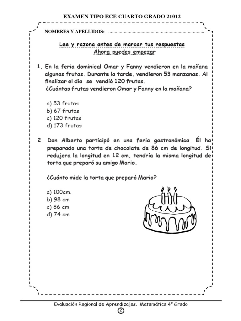 4-EXAMEN 2 TIPO ECE-Matematica - Cuarto - Grado - Primaria | PDF ...
