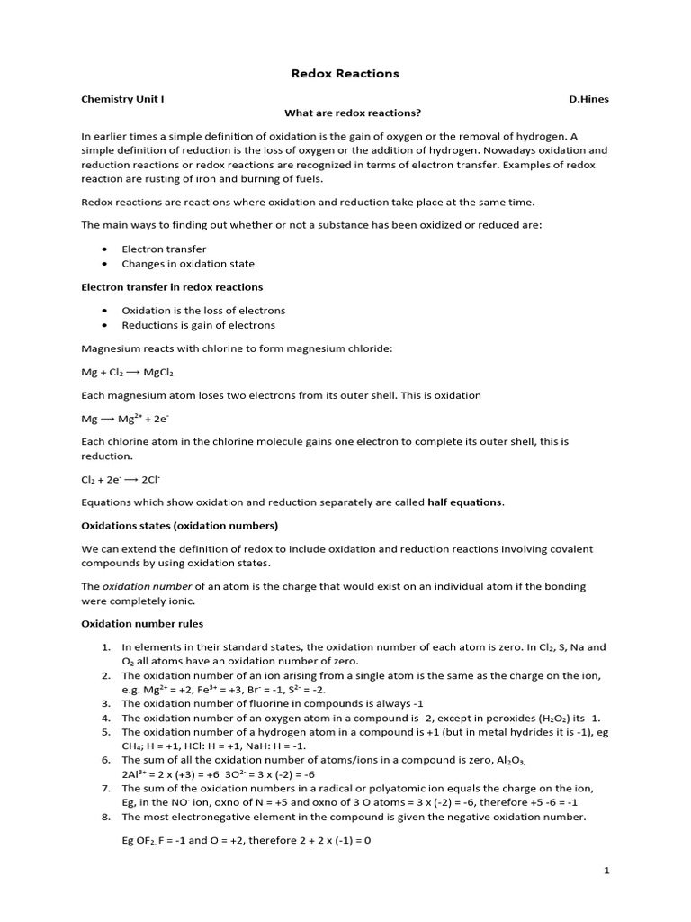 Redox Reactions Chemistry Unit 1 | PDF | Redox | Chemical Reactions