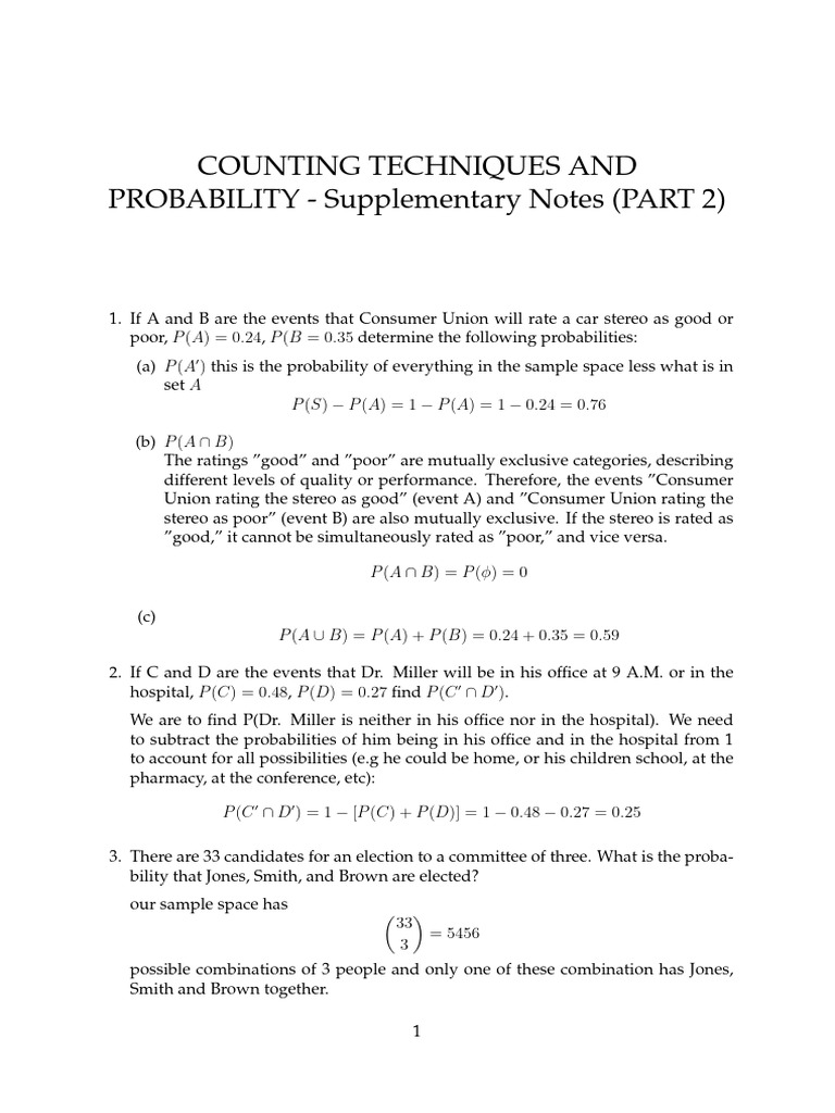 COUNTING TECHBIQUES AND PROBABILITY Supplementary Notes Part 2 (Updated ...