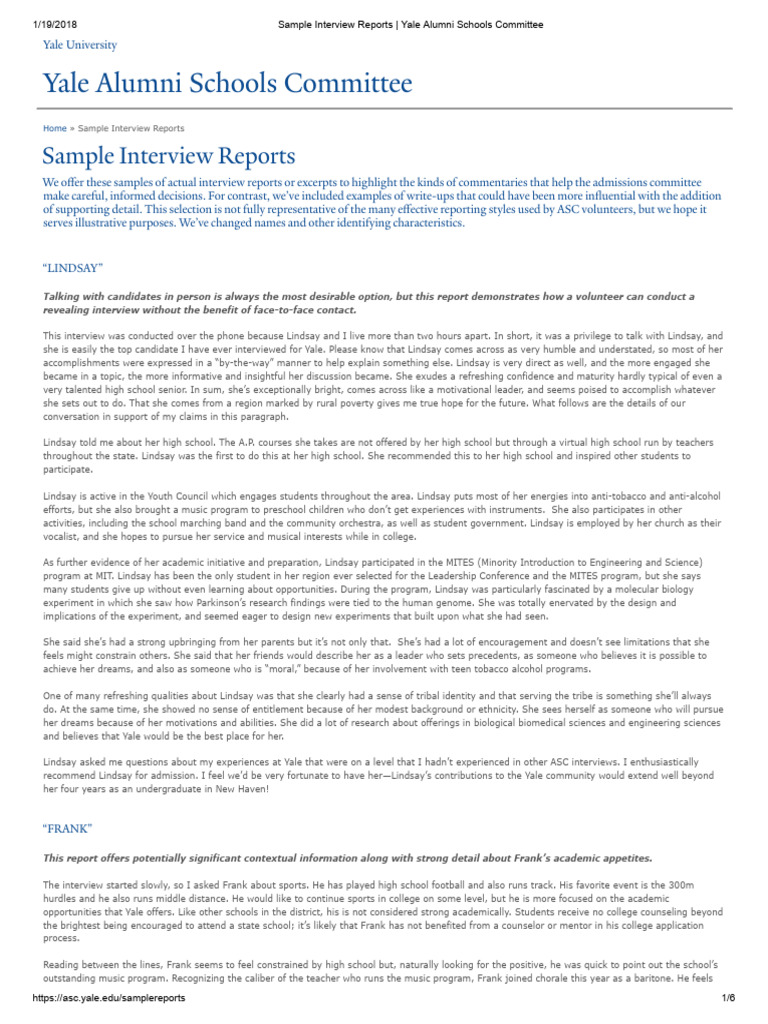 Yale_-_Sample_Interview_Reports | PDF | Experience | Yale University