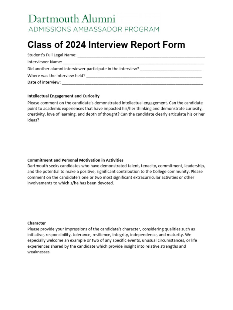 Dartmouth Interview Report Form With Examples | PDF | Motivation ...