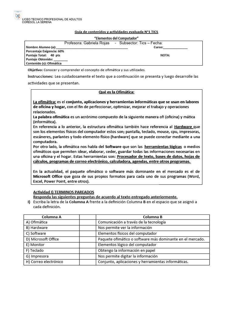 guia evaluada tics 1 | PDF | Sistema operativo | Hardware de la computadora