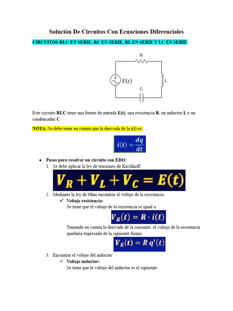 Solución de Circuitos Con Ecuaciones Diferenciales | PDF | Red eléctrica | Ecuaciones
