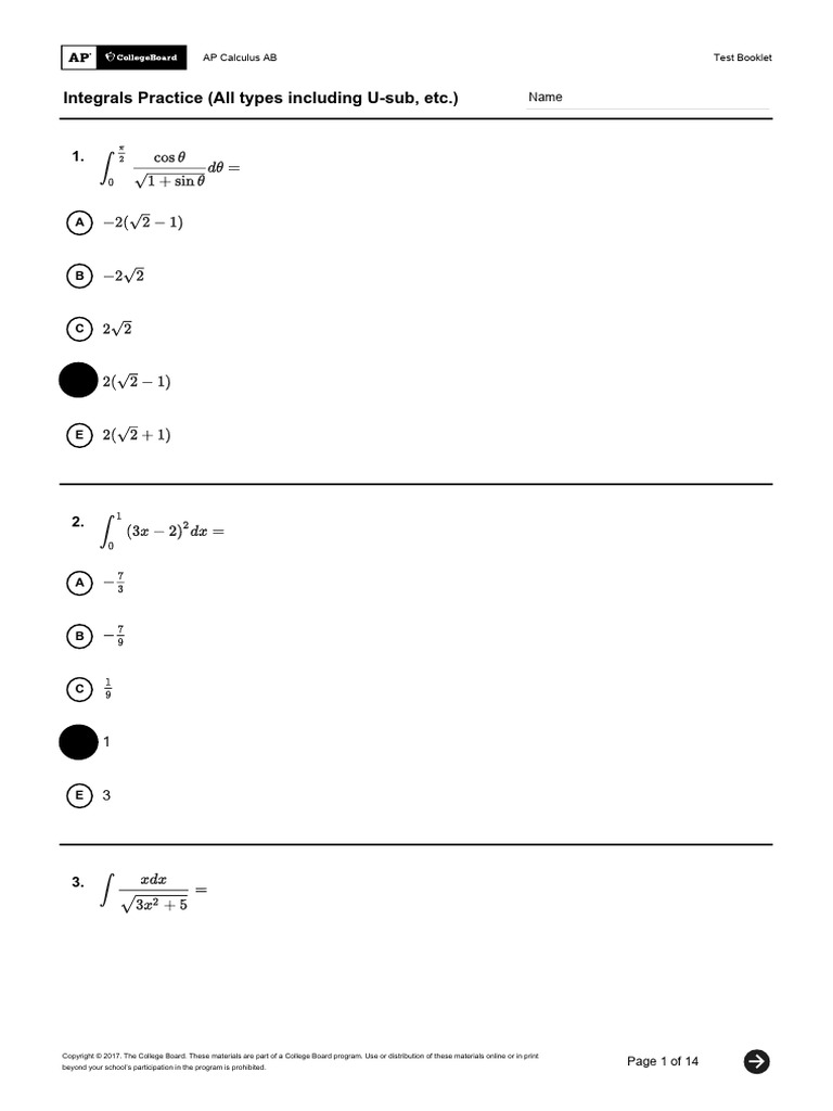 TB Integralspracticealltypesincludingusubetc PDF | PDF | Integral ...