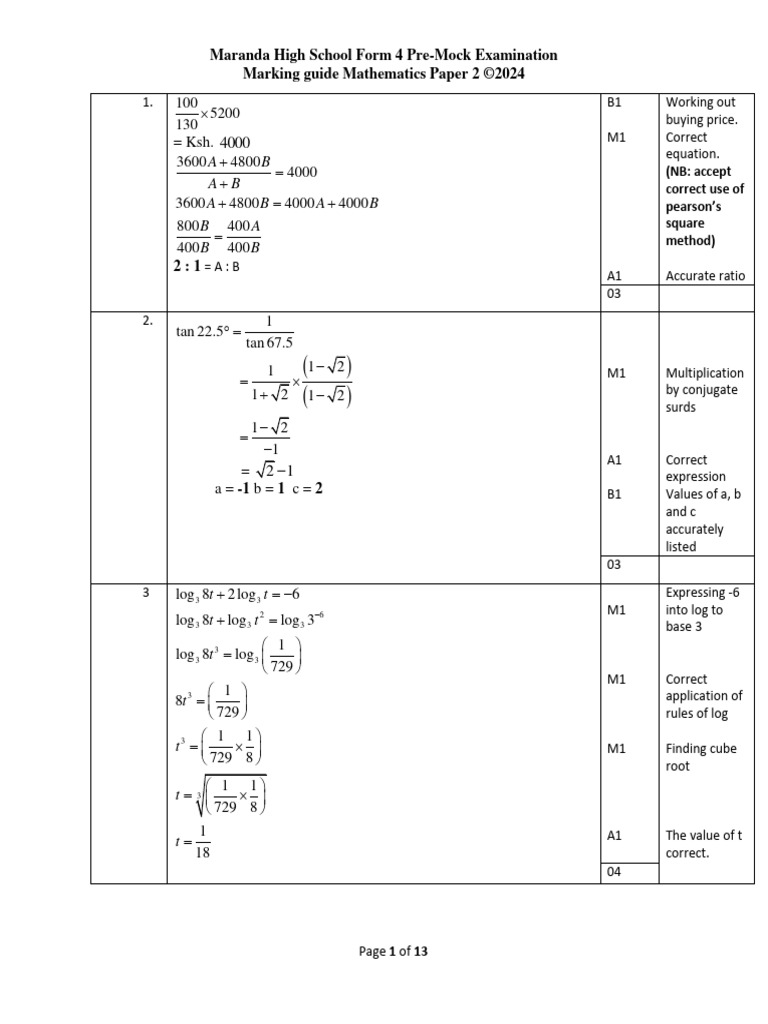 Maranda High School Form 4 Pre Mock 2024 Paper 2 Marking Scheme | PDF | Quadratic Equation | Circle