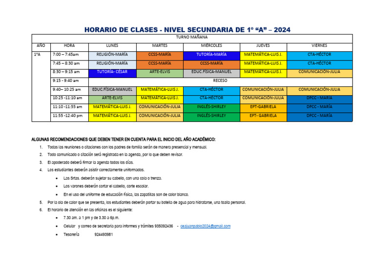 Horario de Clases Secundaria 1ero A | PDF