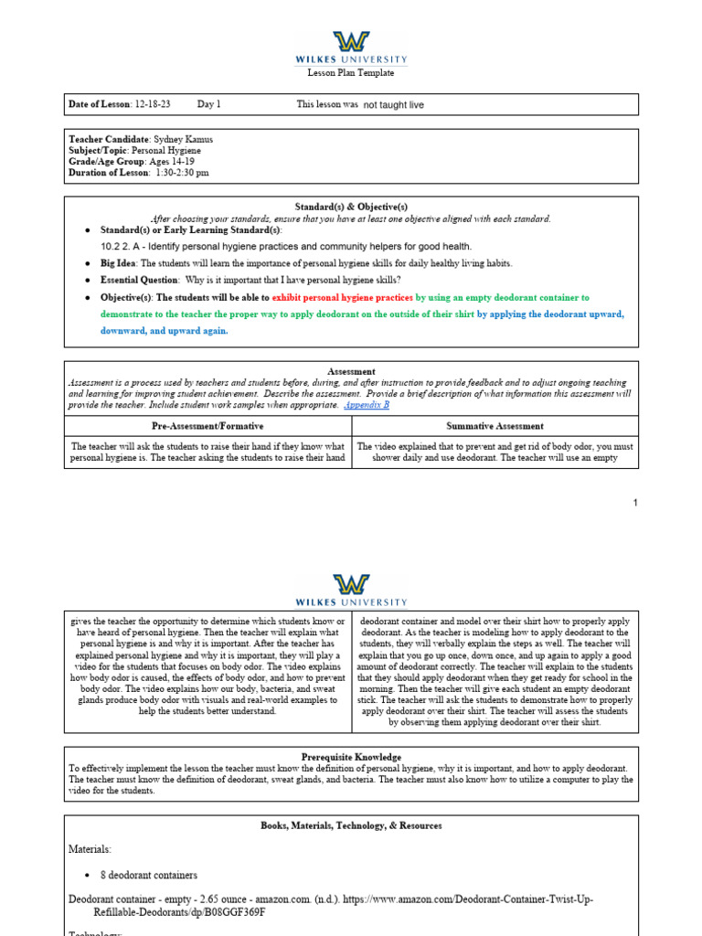 Day 1 Hygiene Lesson Plan | PDF | Educational Assessment | Teachers