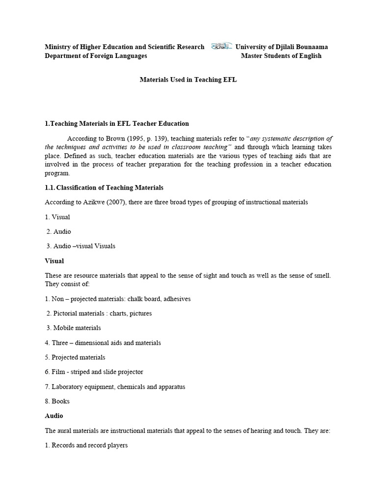 Materials Used in Teaching EFL | PDF | Learning | Teachers