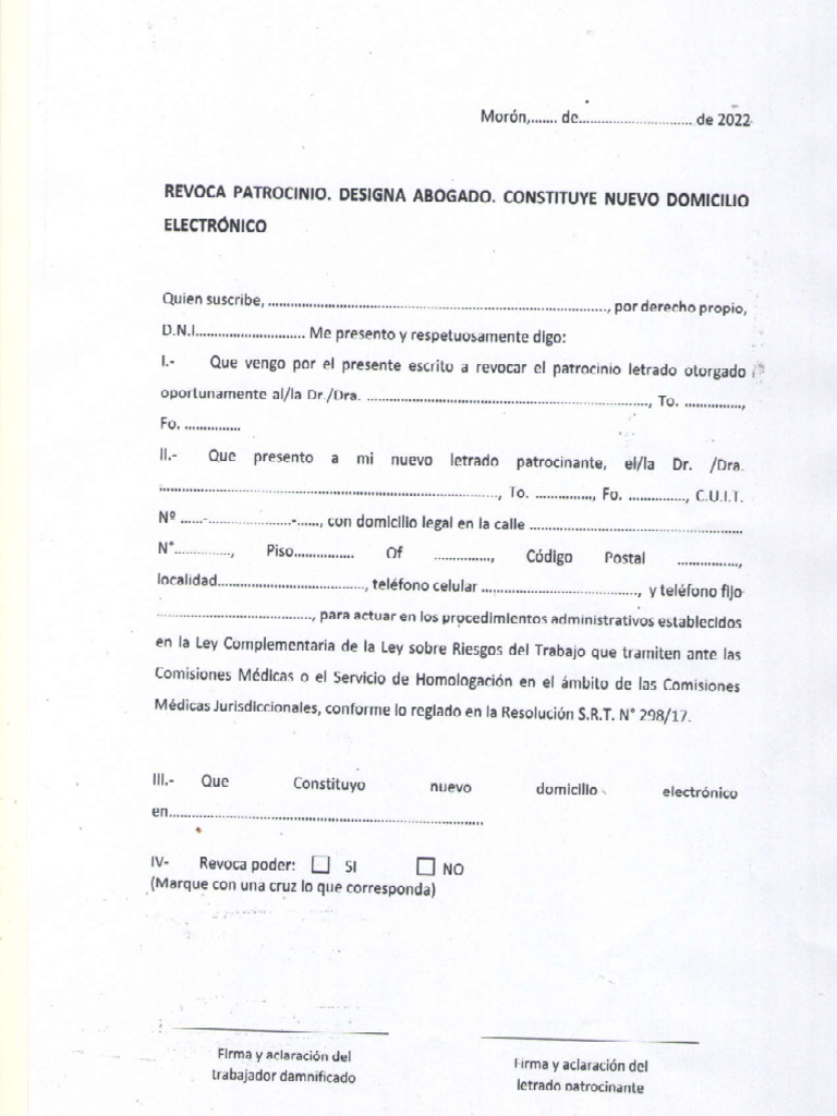 Formulario SRT Revoca Patrocinio | PDF