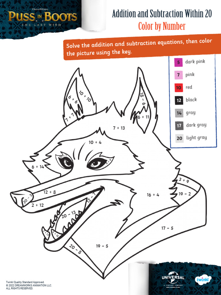 Free Puss in Boots Addition and Subtraction Within 20 Color by Number ...