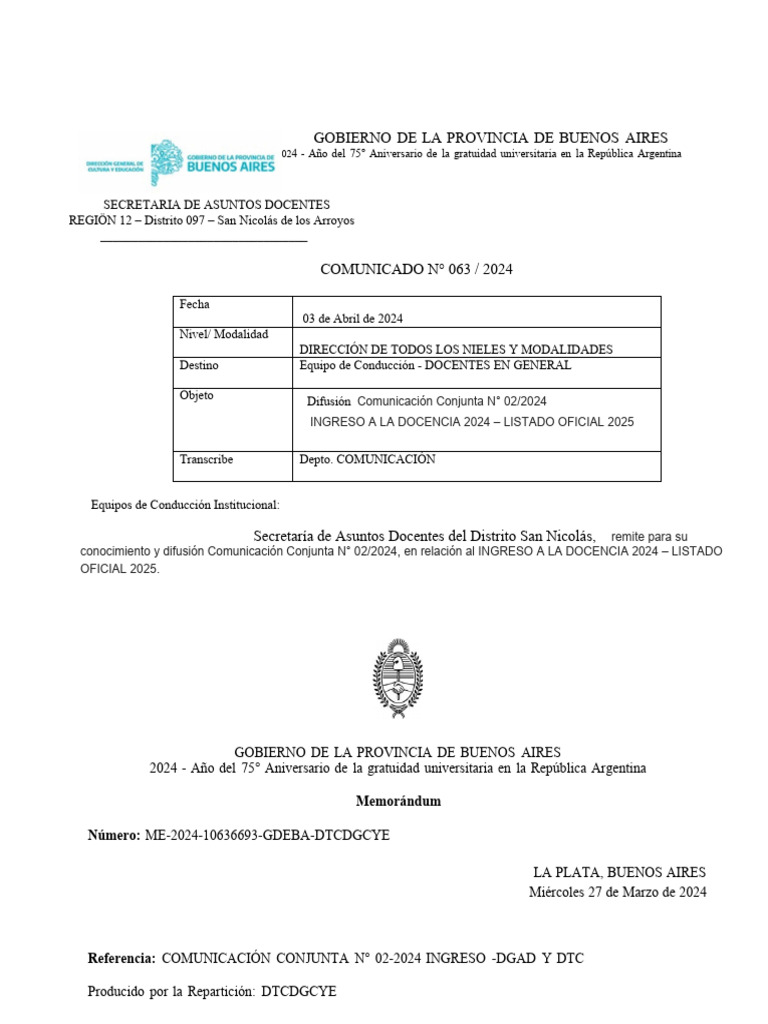 COMUNICADO N 063 - 2024 Inscripción Ingreso A La Docencia 2025 | PDF | Documento de identidad ...