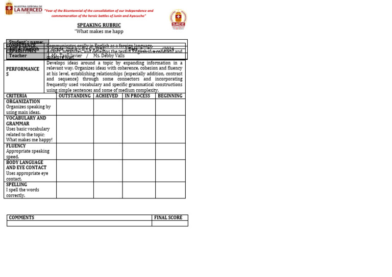 English Speaking Rubric for Students | PDF