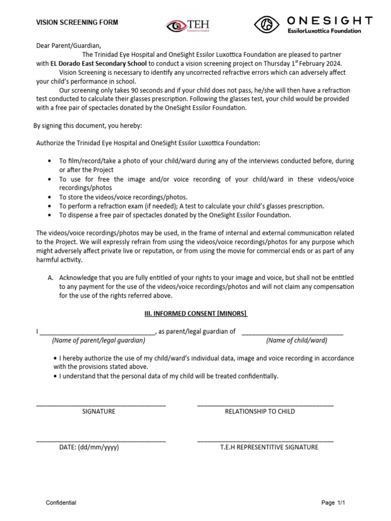 El Dorado East Secondary Consent Form | PDF | Glasses