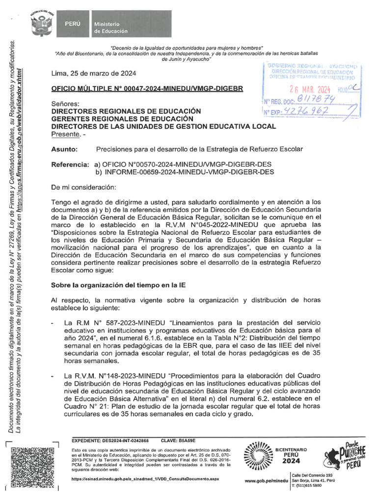 Oficio Múltiple N 47-2024-MINEDU-Refuerzo Escolar | PDF