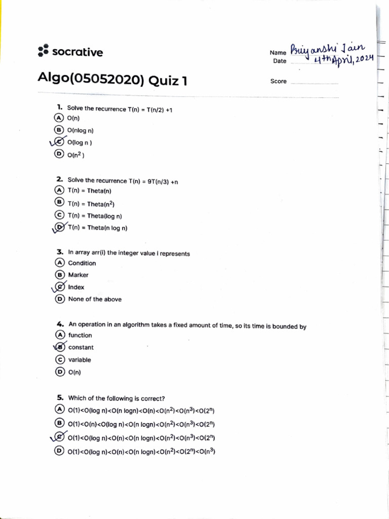 Algo (OS052020) Quiz 1: - Socrat1ve | PDF | Applied Mathematics | Discrete Mathematics